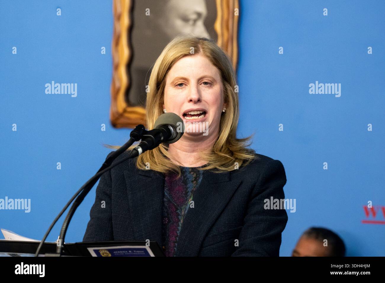 New York City Police Commissioner Jessica Tisch speaks during a Martin ...