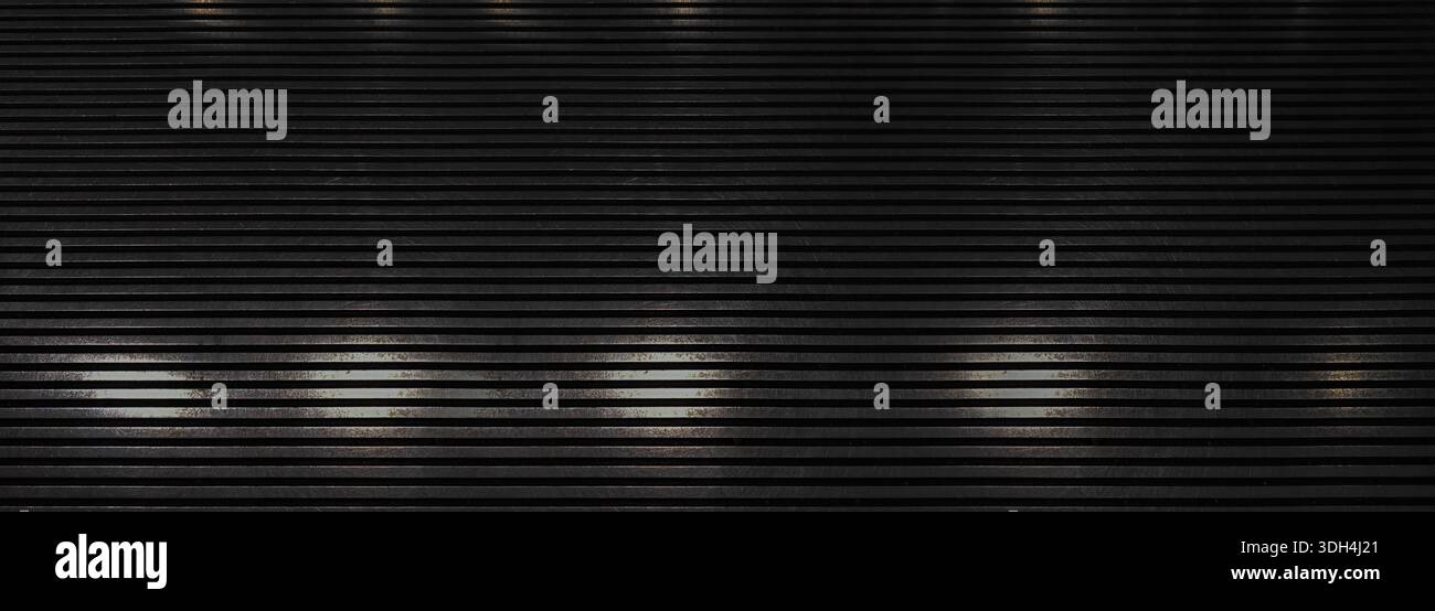 Dark industrial steel background featuring a repetitive horizontal slat ...