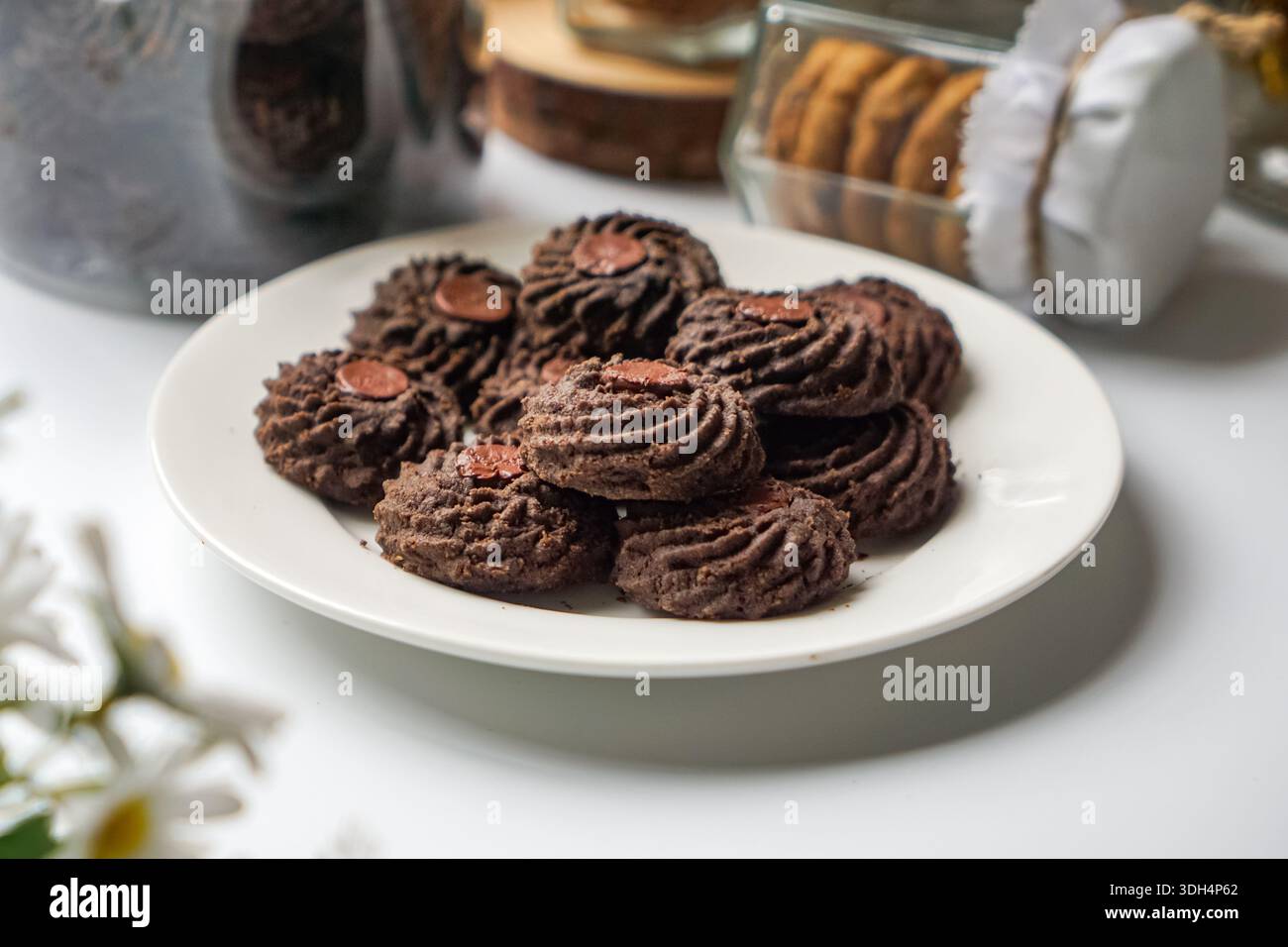 Homemade chocolate cookies with swirled ridges and a chocolate button ...