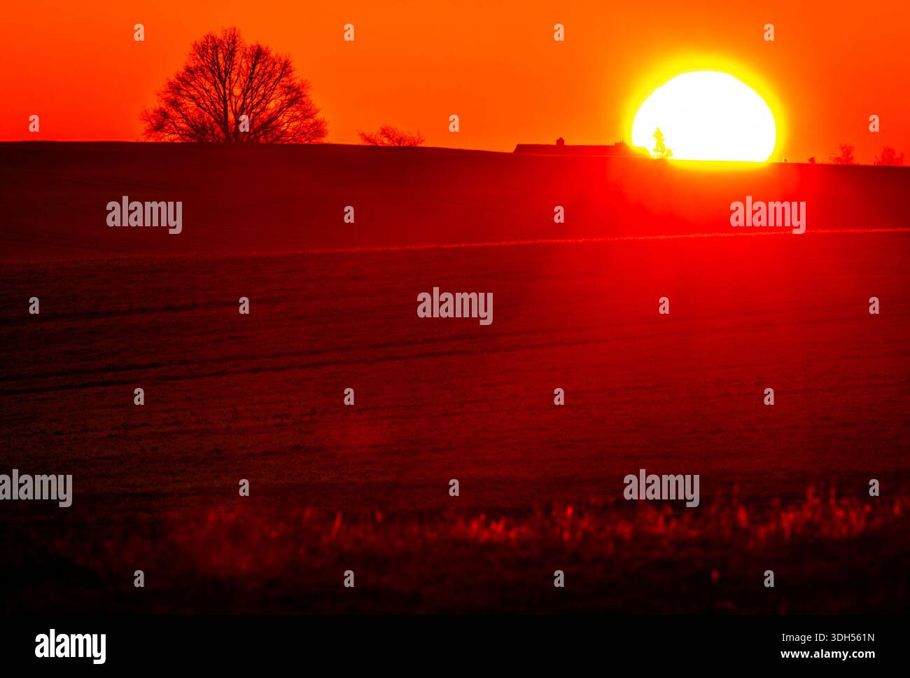 Boddin, Germany. 20th Jan, 2026. The sun rises behind a range of hills ...
