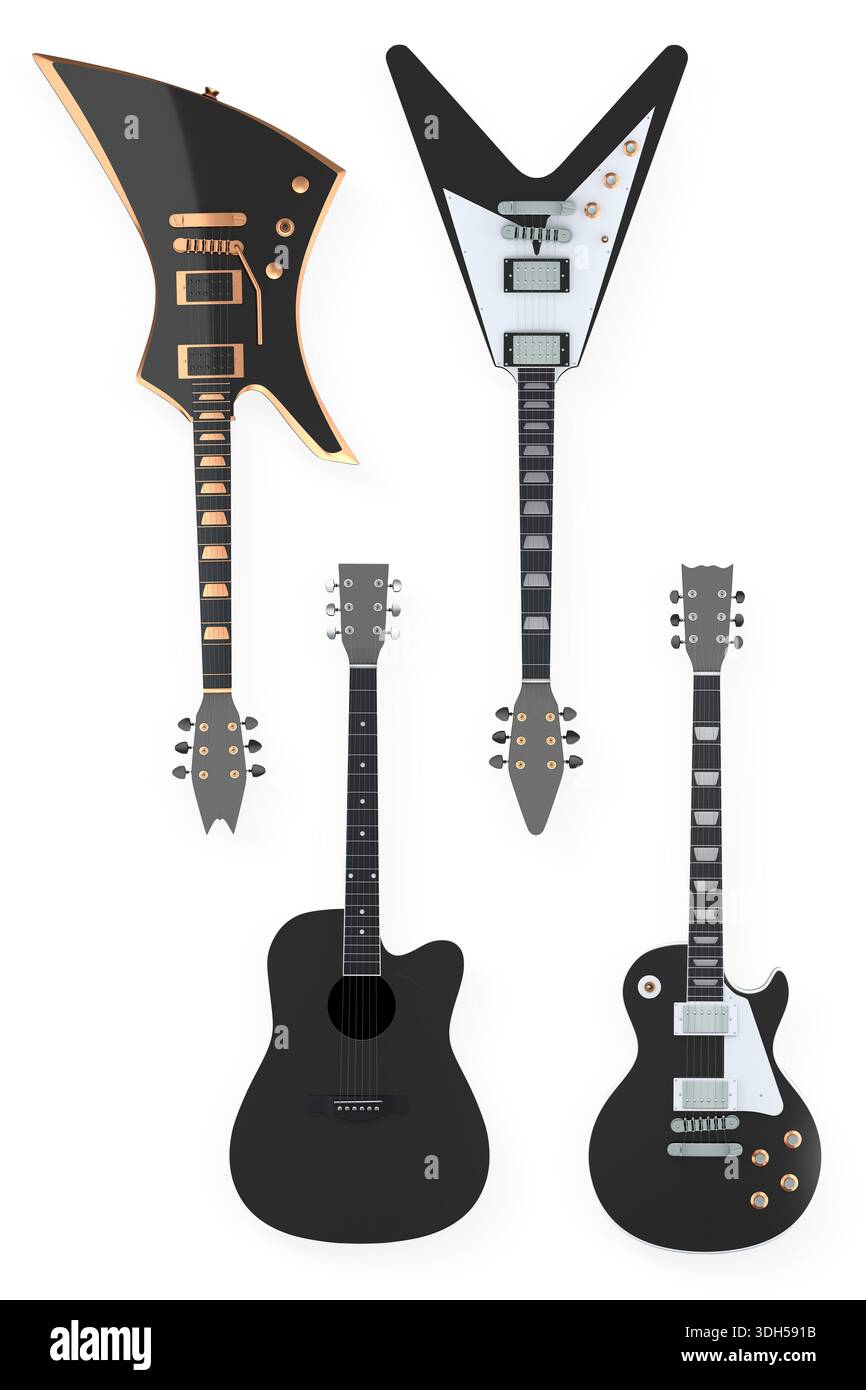 Set of electric and acoustic guitars with unique body shapes isolated ...