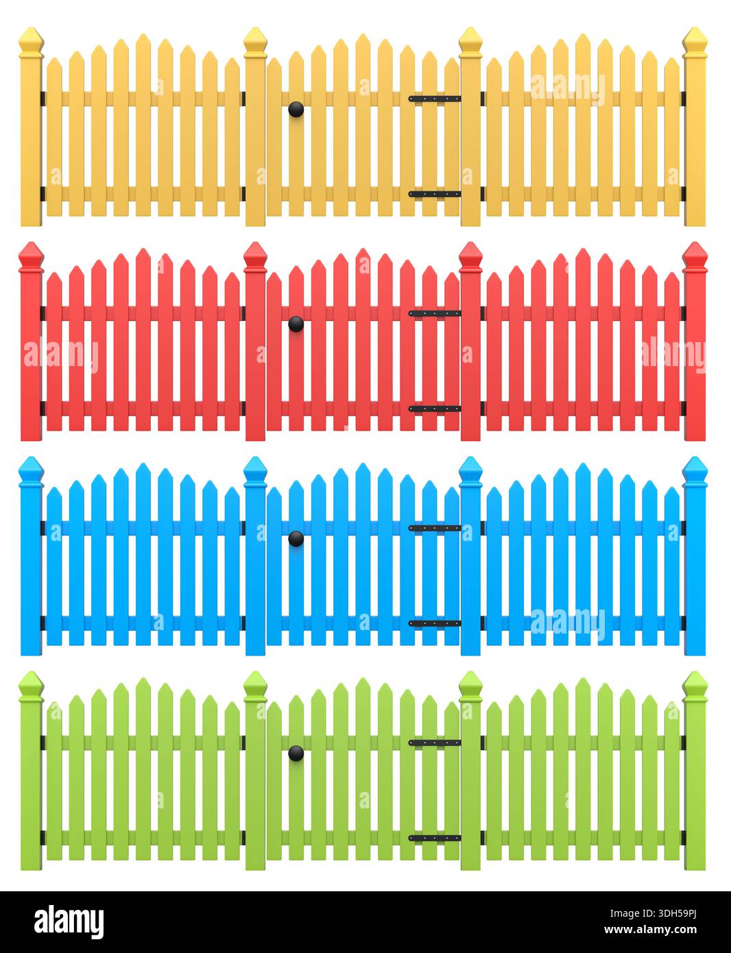 Set of wooden picket fences with gates, painted green, red, blue, and ...