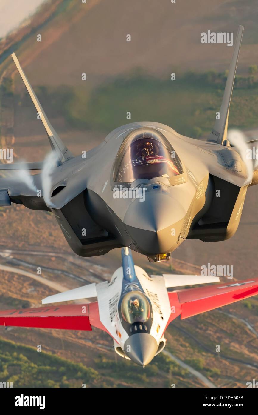 This image presents a formation of U.S. Air Force fighter aircraft ...