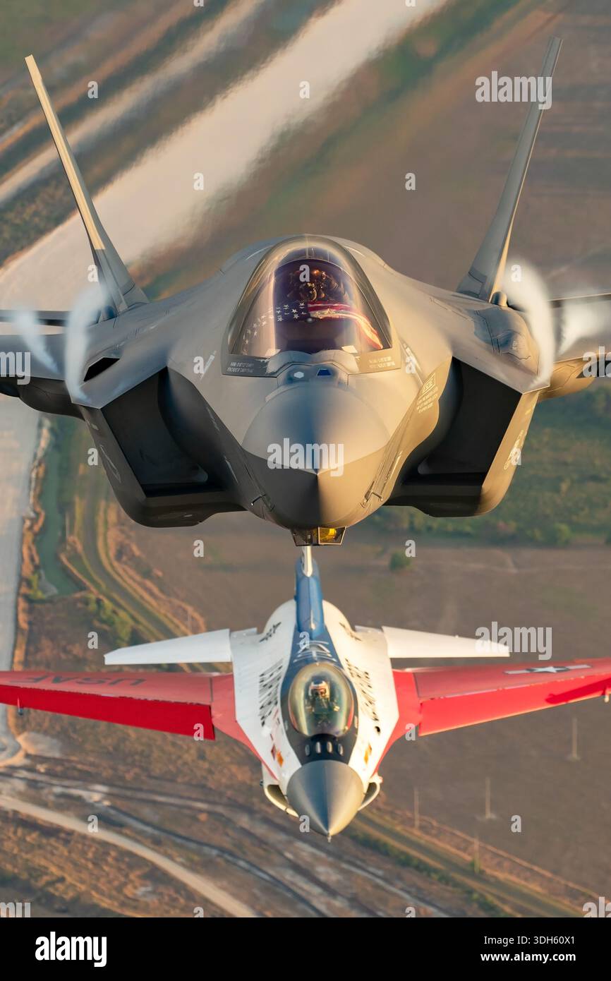 The photograph documents a U.S. Air Force F-35A Lightning II flying ...