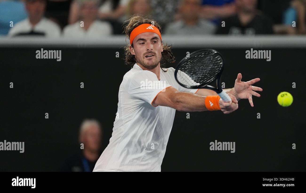 Stefanos Tsitsipas of Greece plays a forehand return to Shintaro ...
