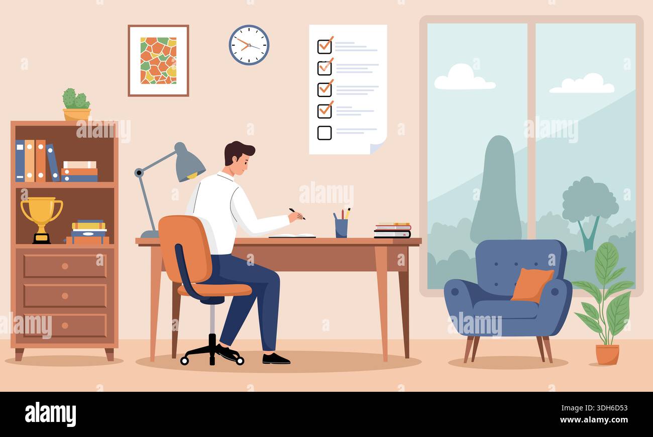 Man writing on desk with task checklist on wall Stock Vector Image ...