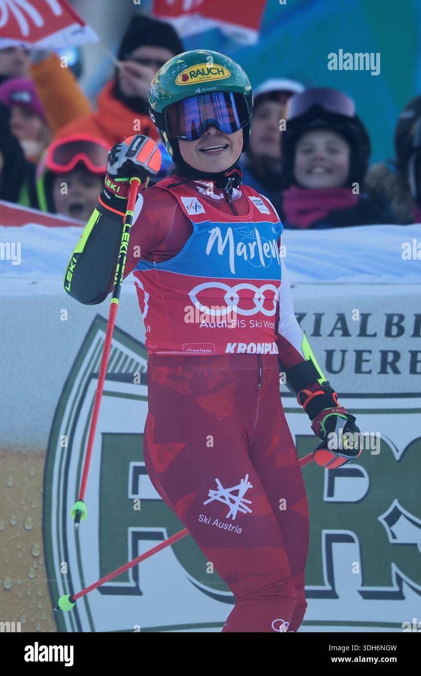 Austria's Julia Scheib celebrates at the finish area of a women's World ...