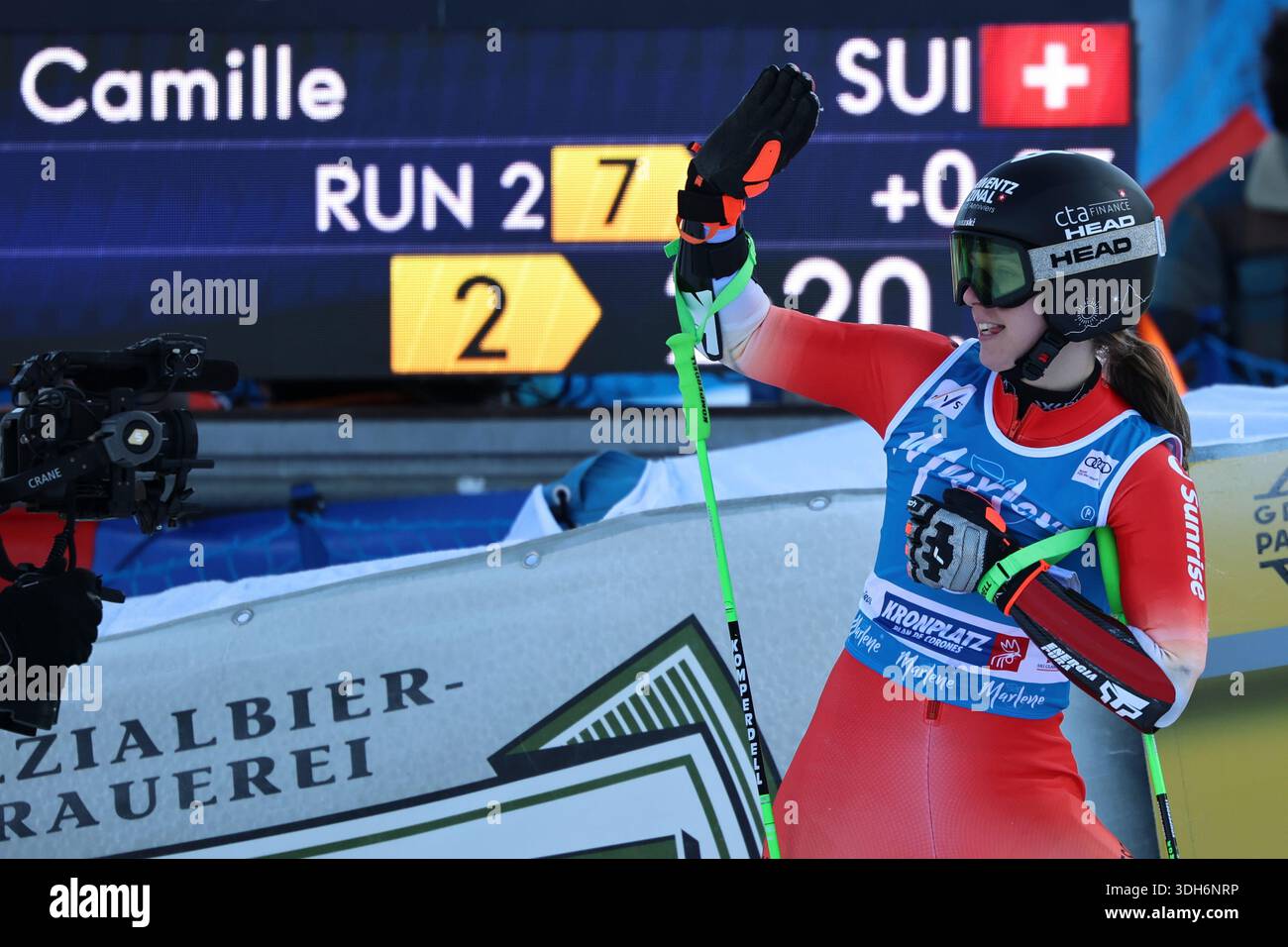 Switzerland's Camille Rast celebrates at the finish area of an alpine ...