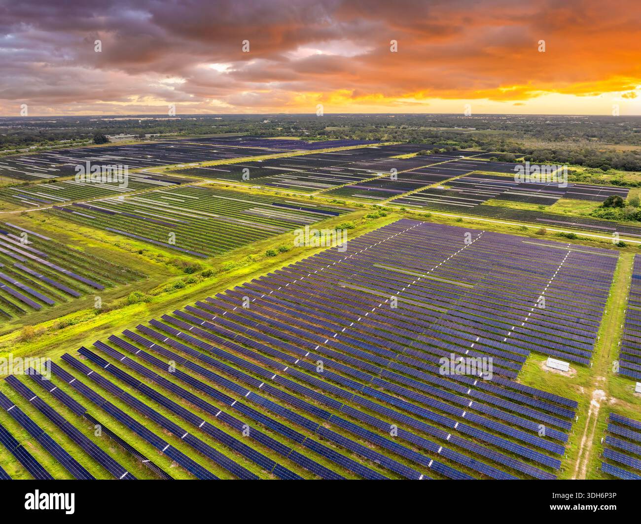 Industrial solar energy facility with uniform rows of panels converting ...