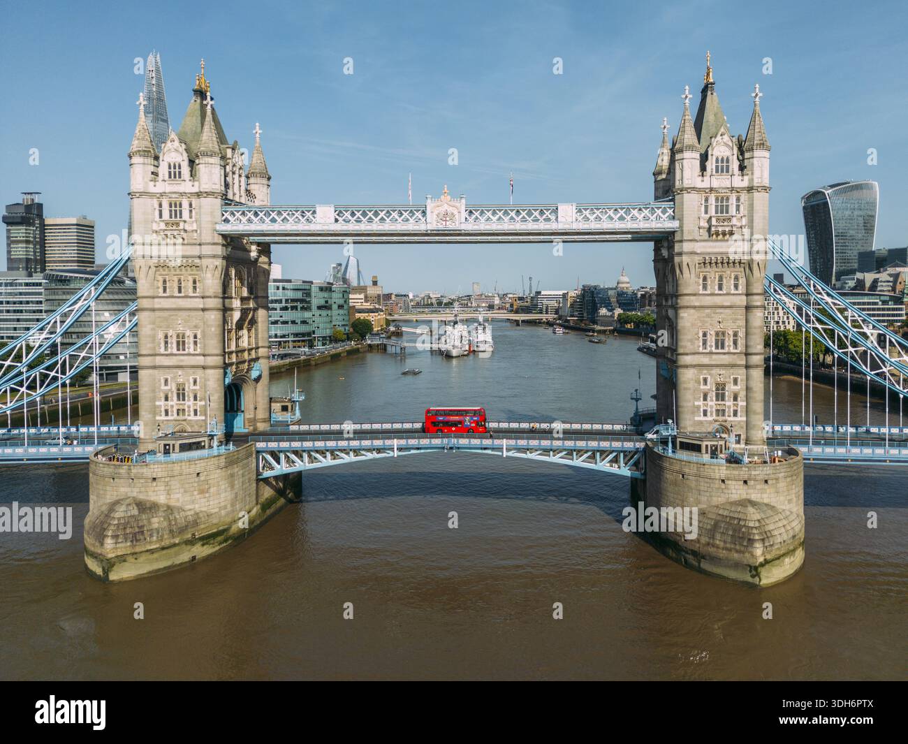 Aerial view of the iconic Tower Bridge standing proudly over the River ...