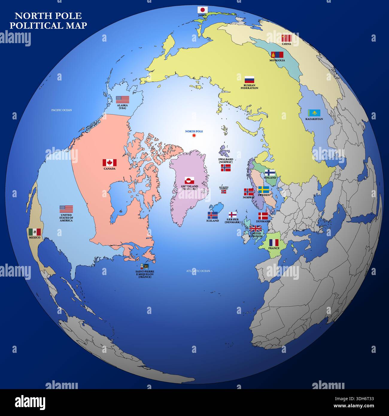 North pole global map with country flags, vector illustration Stock ...