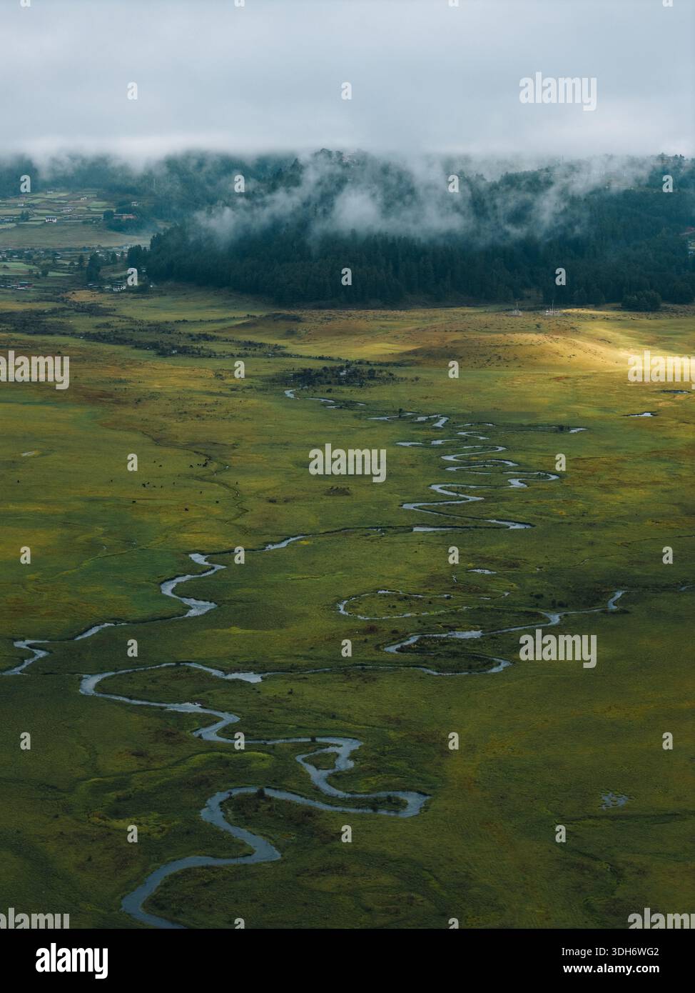Aerial view of a winding river snaking through the lush green valley, a ...