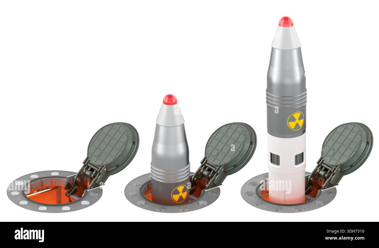 Stages of missile launch from underground silo with open hatch and ...