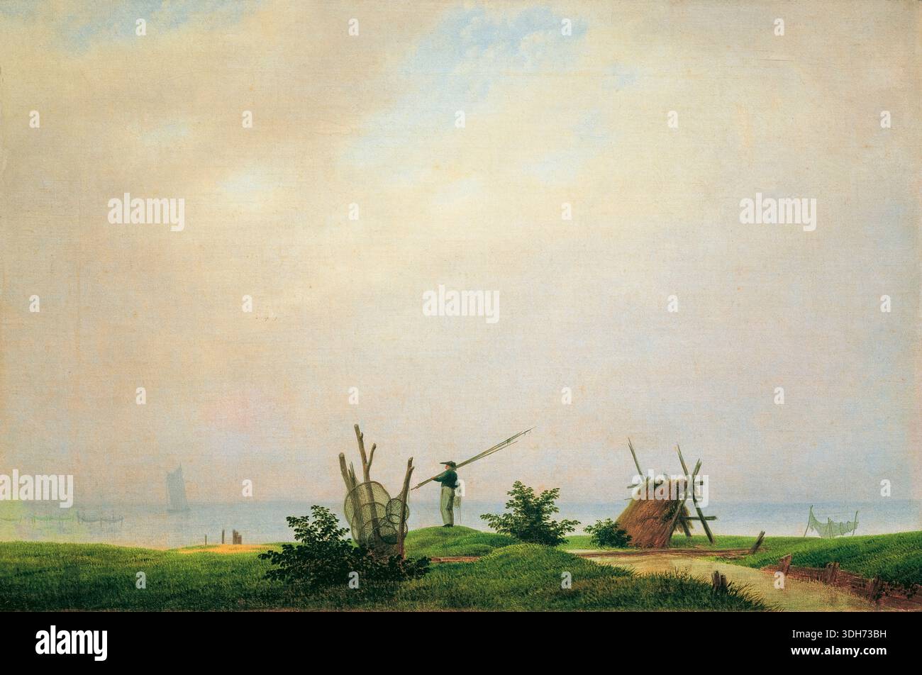 Caspar David Friedrich, Sea beach with fishermen, painting in oil on ...