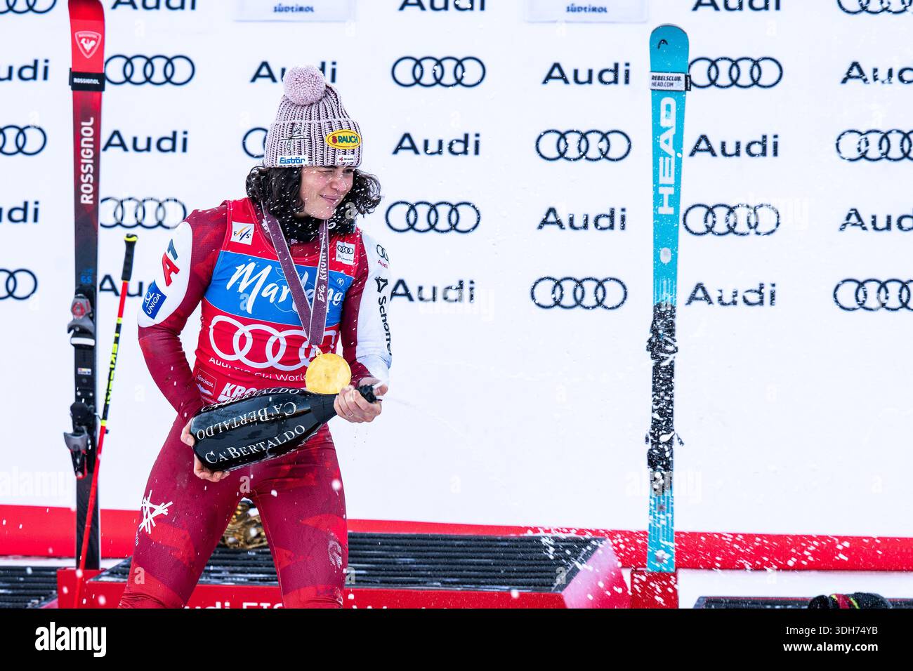 Kronplatz, Italy. 20th Jan, 2026. Julia Scheib (AUT) spraying champagne ...