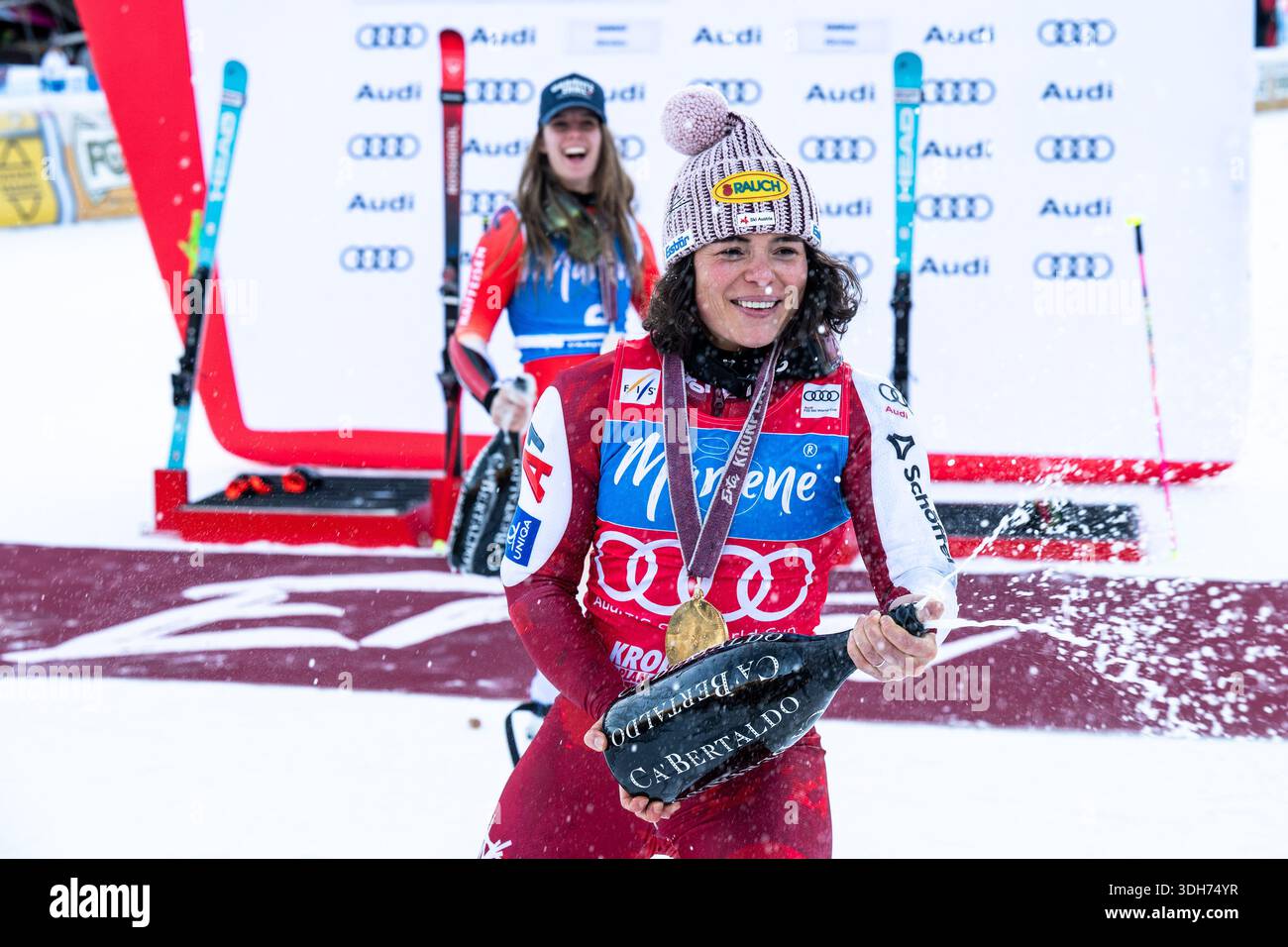 Kronplatz, Italy. 20th Jan, 2026. Julia Scheib (AUT) spraying champagne ...