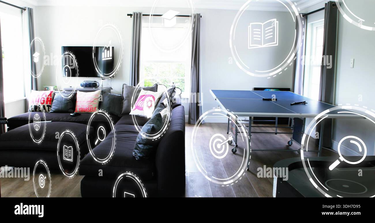 Showing black L-shaped sectional sofa occupying left of living room ...