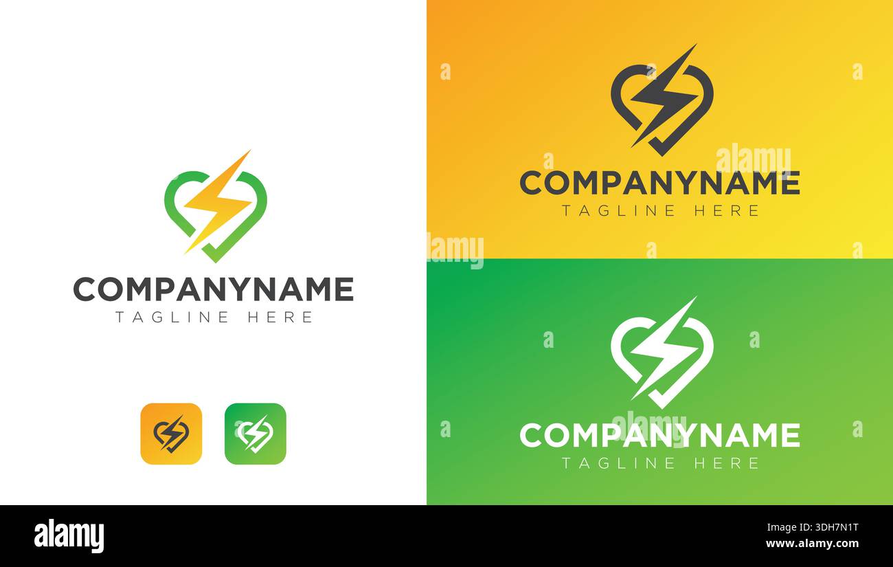 Modern logo combining heart shape and thunder bolt, symbolizing energy ...