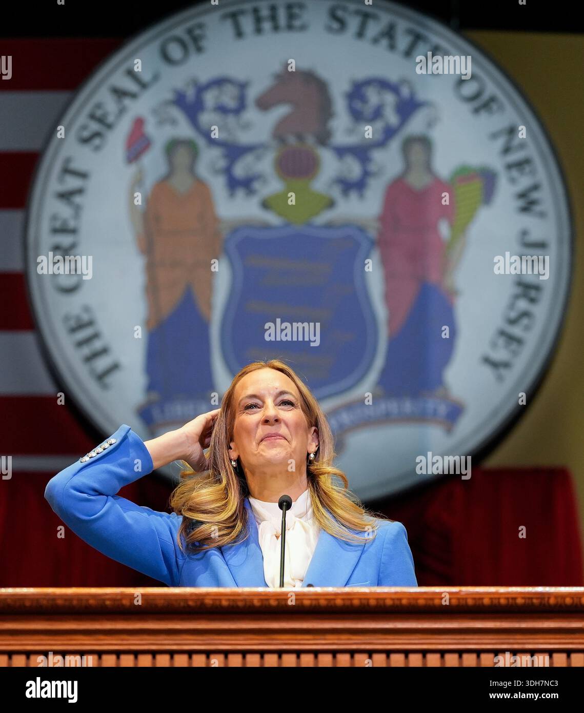 New Jersey Gov. Mikie Sherrill prepares to speak after taking the oath ...