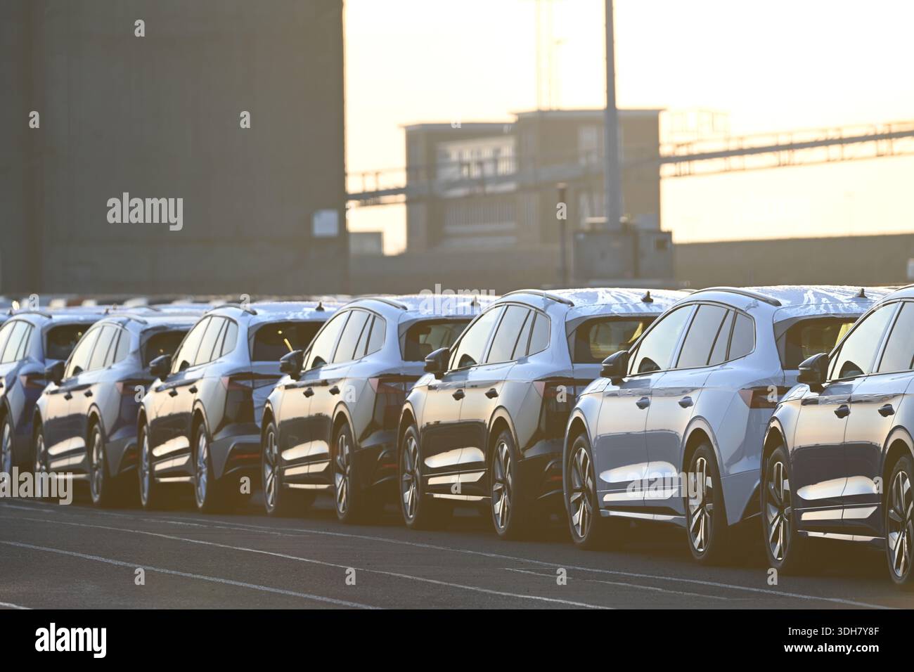 20 January 2026, Lower Saxony, Emden: Numerous cars are lined up close ...