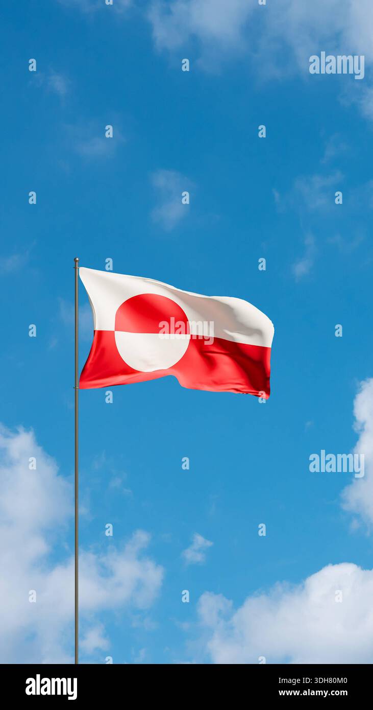 Flag of Greenland. Flag of Greenland. Blue sky, clouds in the ...