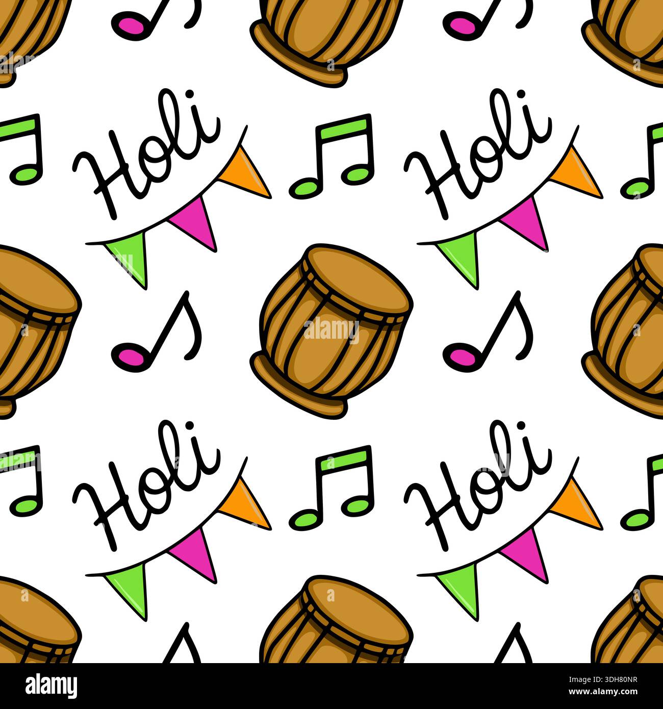 Seamless vector pattern of colorful Holi celebration elements with dhol ...