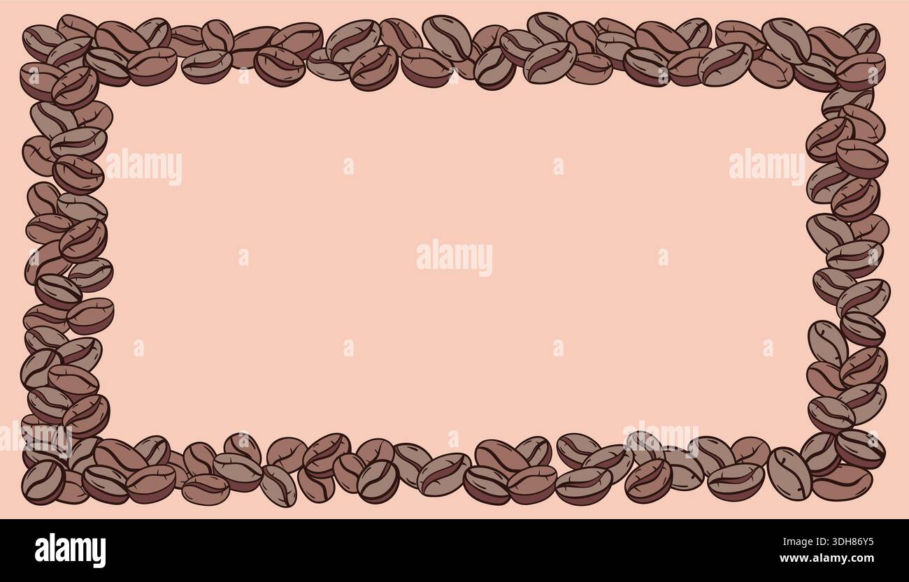 A doodle sketch of a square border made of roasted coffee beans on pink ...