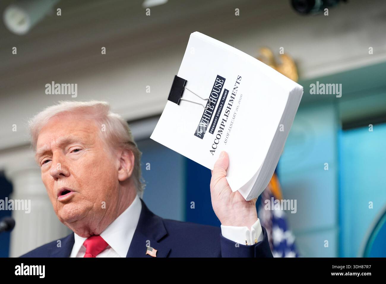 President Donald Trump speaks with reporters in the James Brady Press ...