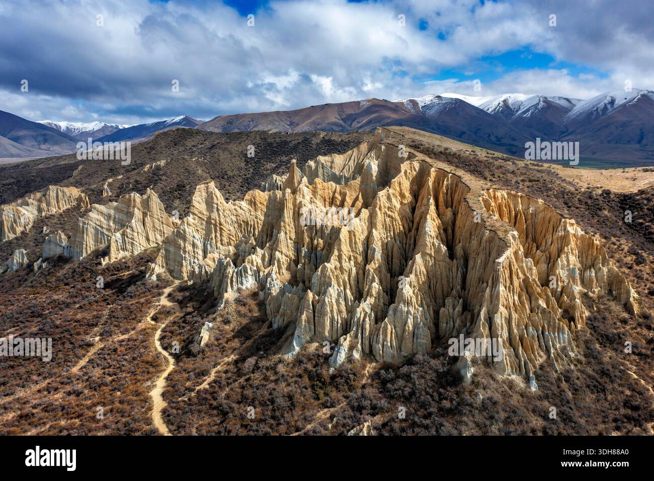 Aerial view of Huge sharp pinnacles of the Omarama clay cliffs, South ...