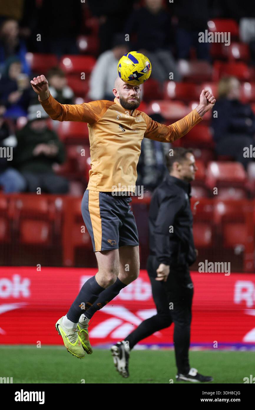 Derby County's Matthew Clarke warming up prior to kick-off ahead of the ...