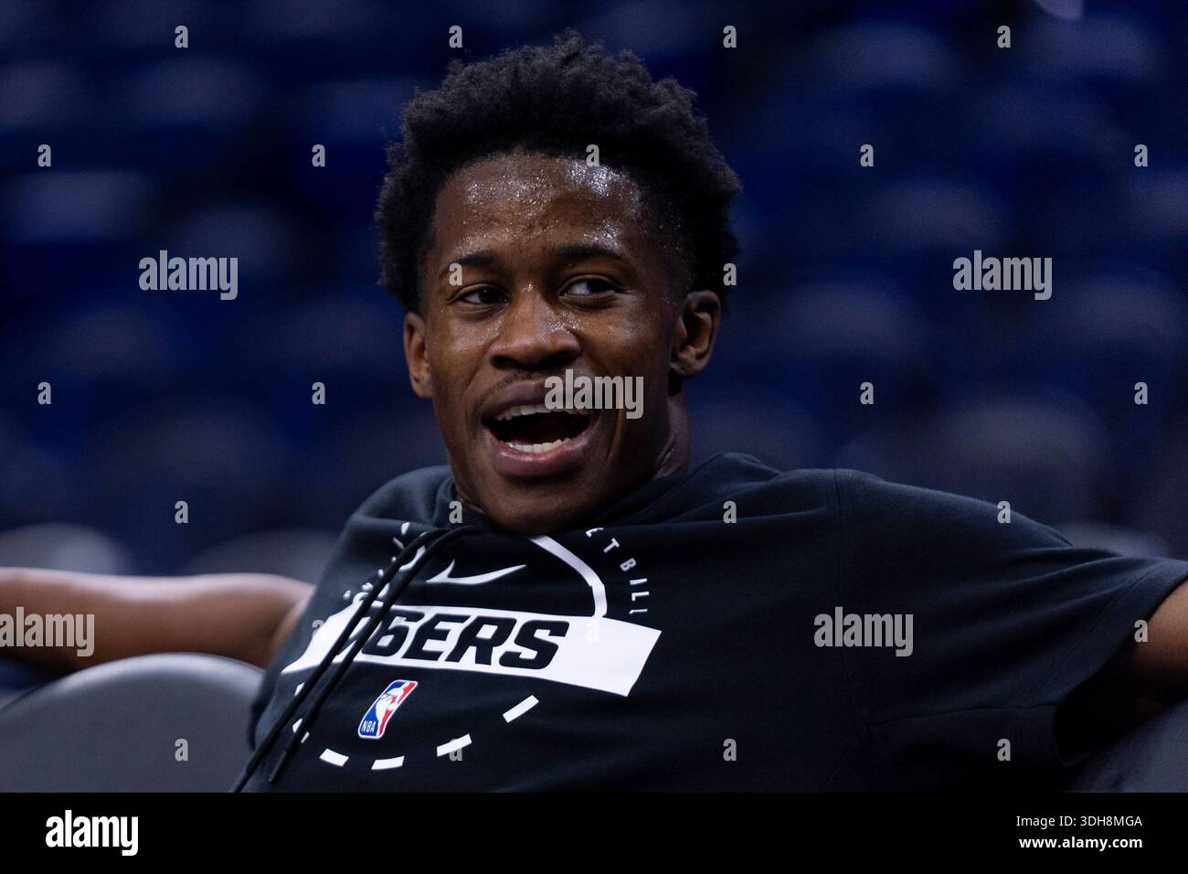 Philadelphia 76ers' VJ Edgecombe reacts prior to an NBA basketball game ...