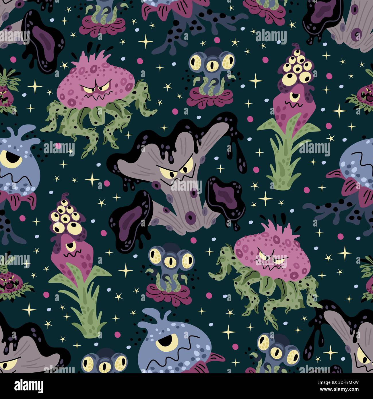 Cartoon characters of scary plants or flowers seamless pattern. Angry ...