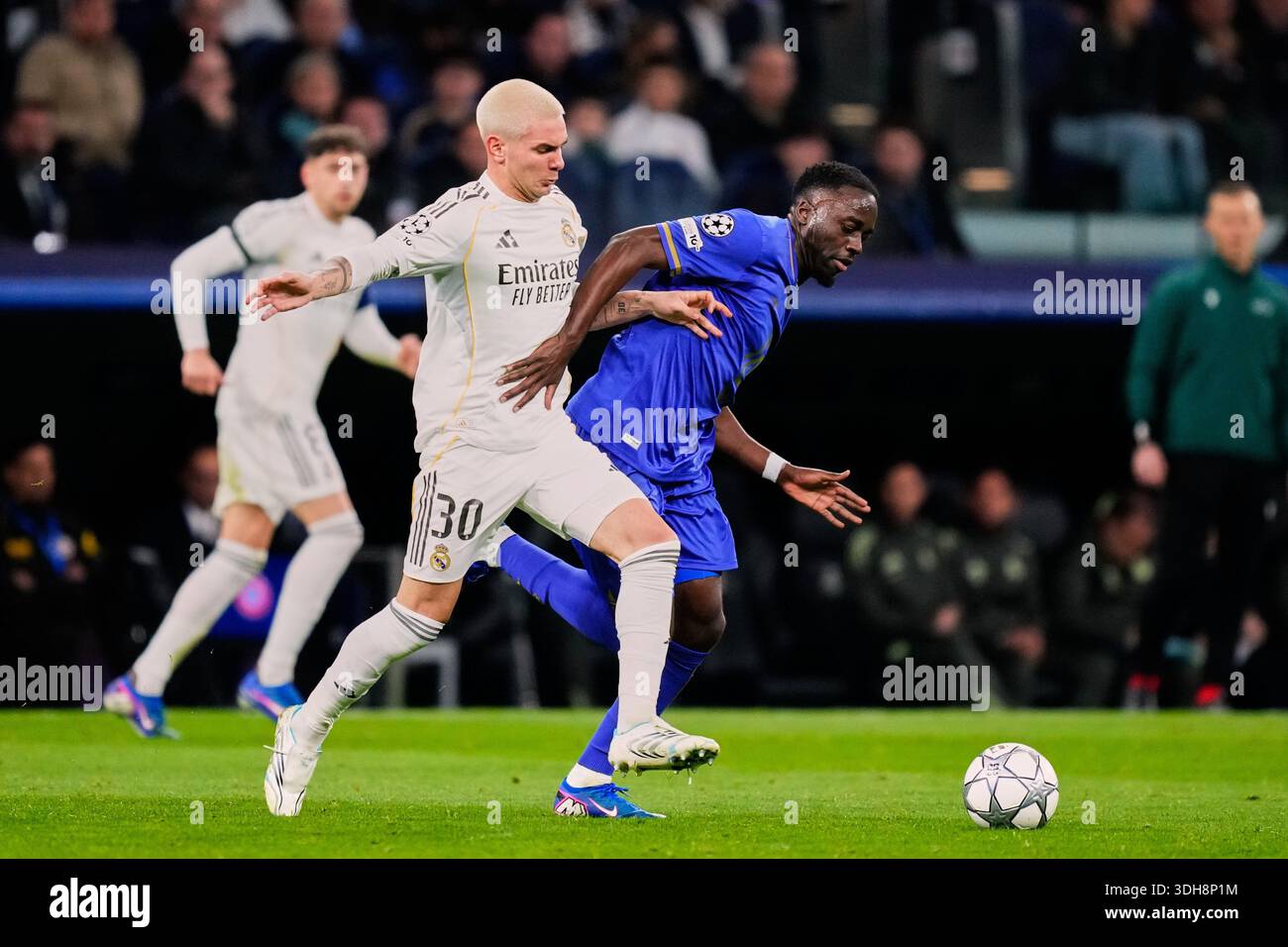 Monaco's Jordan Teze fights for the ball against Real Madrid's Franco ...
