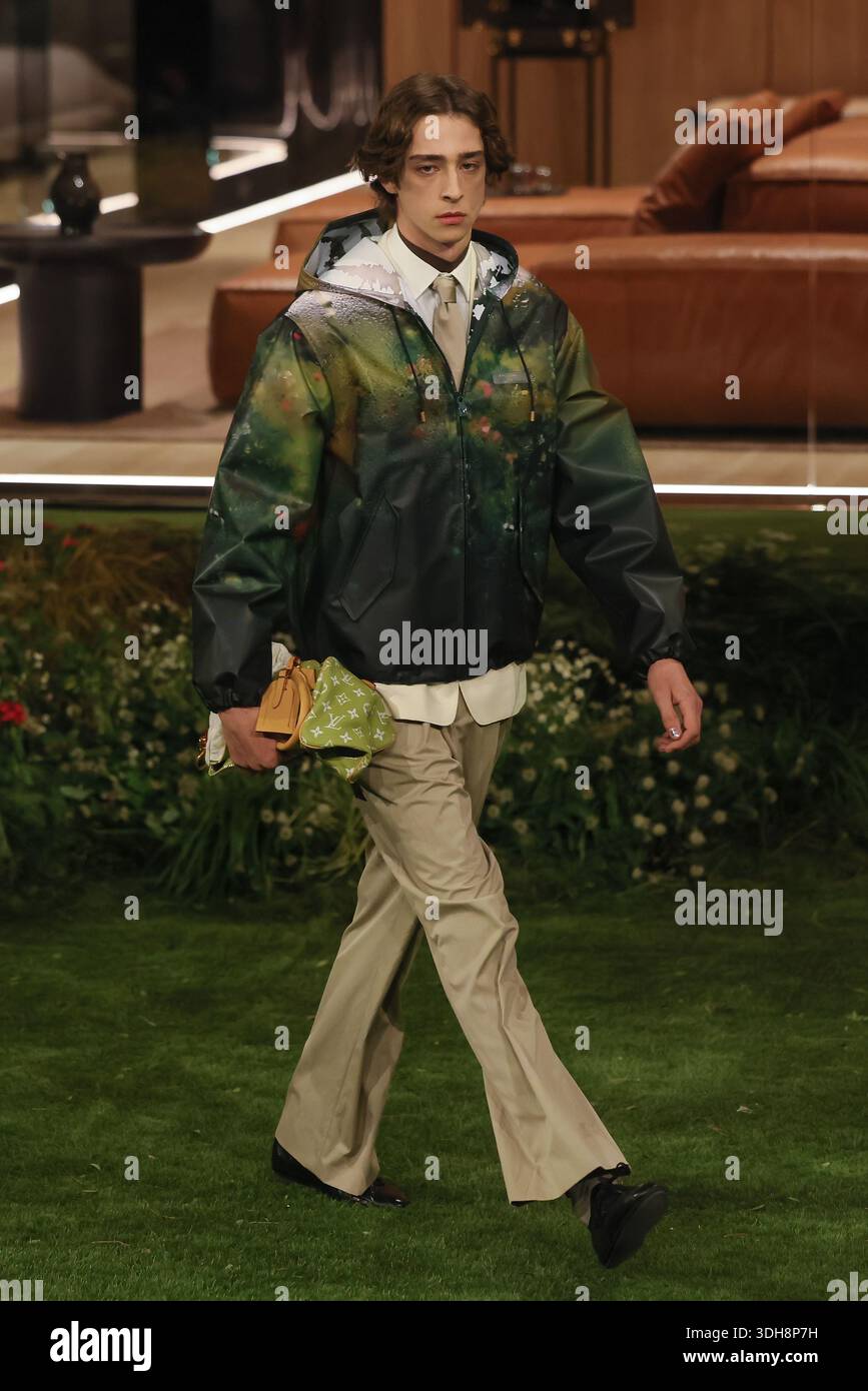 A model wears a creation as part of the Louis Vuitton Fall/Winter 2026 ...