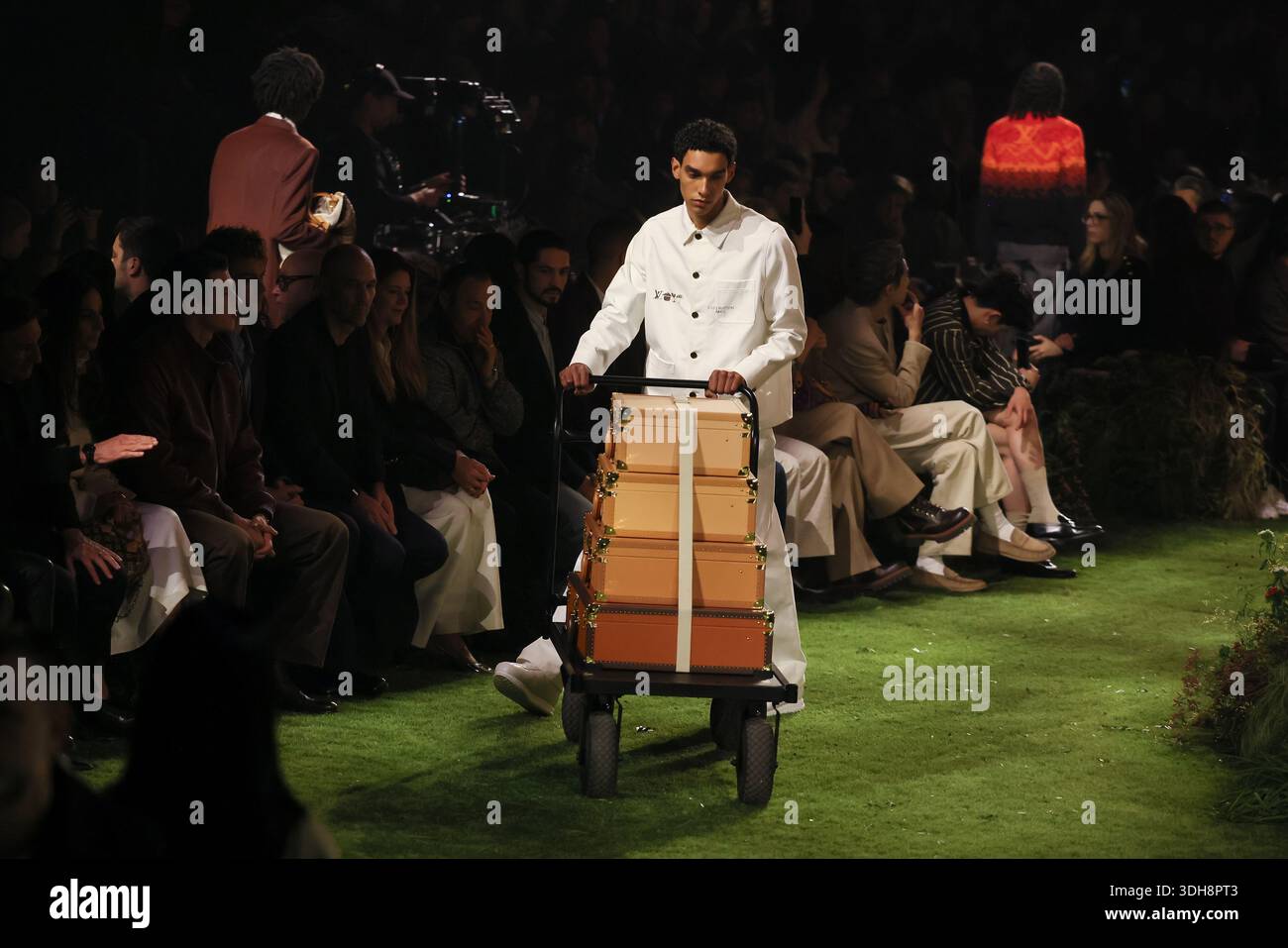 A model wears a creation as part of the Louis Vuitton Fall/Winter 2026 ...