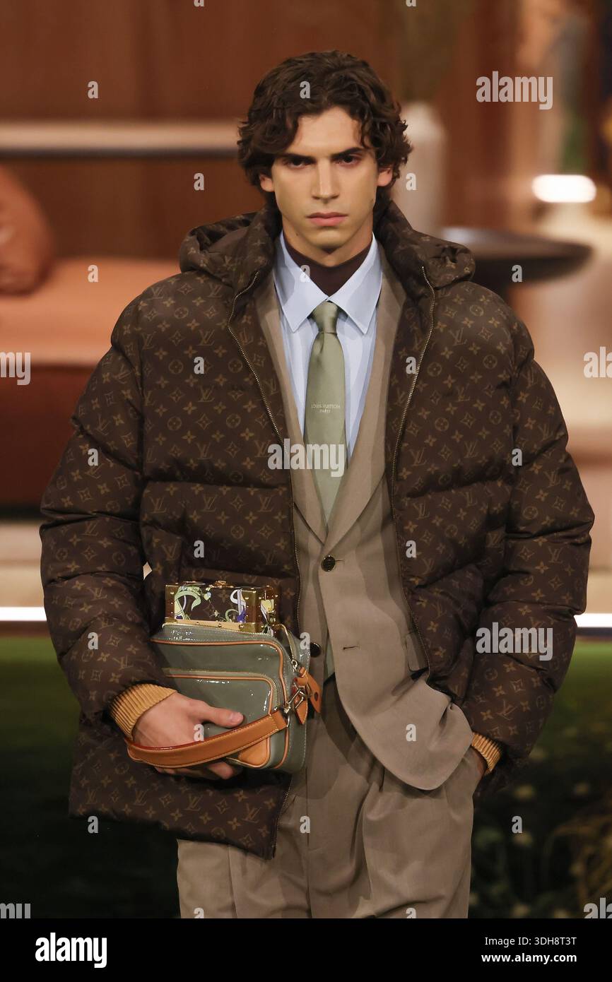 A model wears a creation as part of the Louis Vuitton Fall/Winter 2026 ...