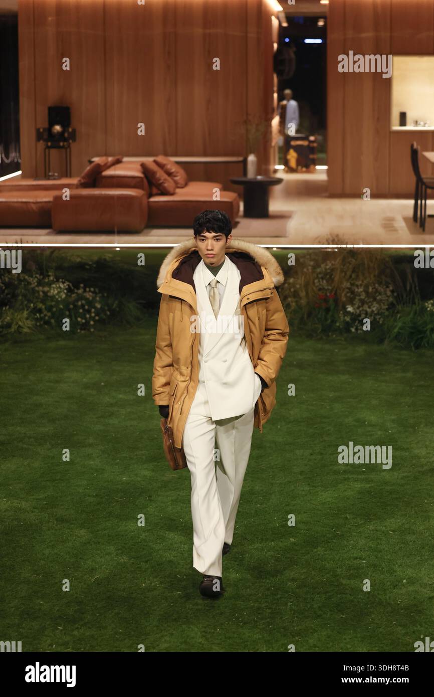 A model wears a creation as part of the Louis Vuitton Fall/Winter 2026 ...