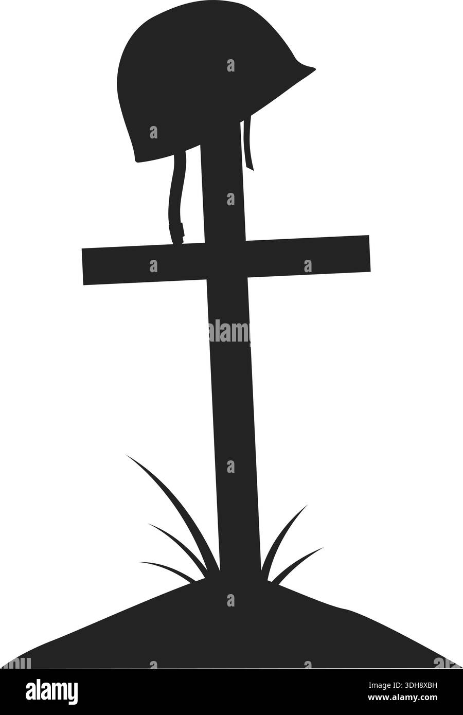 Cross with soldier helmet hanging from it. Warrior grave. Battlefield ...