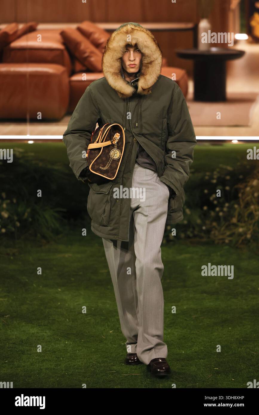 A model wears a creation as part of the Louis Vuitton Fall/Winter 2026 ...