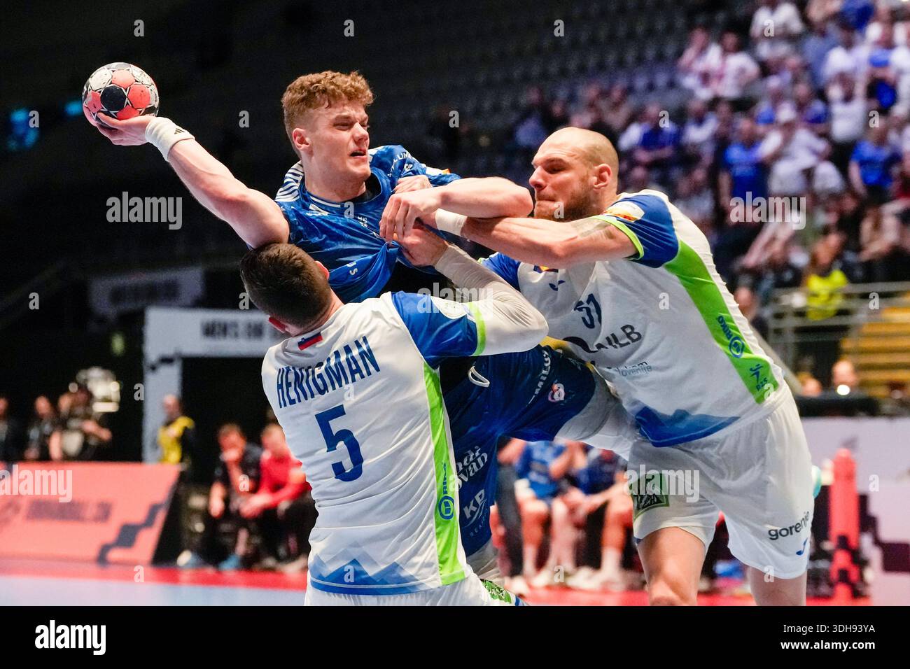 Bærum 20260120. Faroe Islands' Oli Mittun in a duel against Slovenia's ...