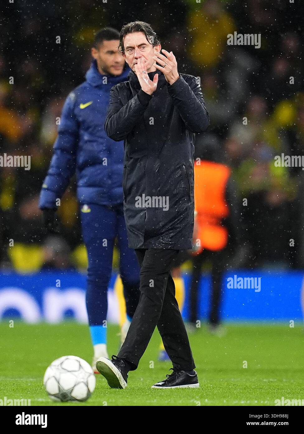 Tottenham Hotspur manager Thomas Frank applauds the fans after the UEFA ...