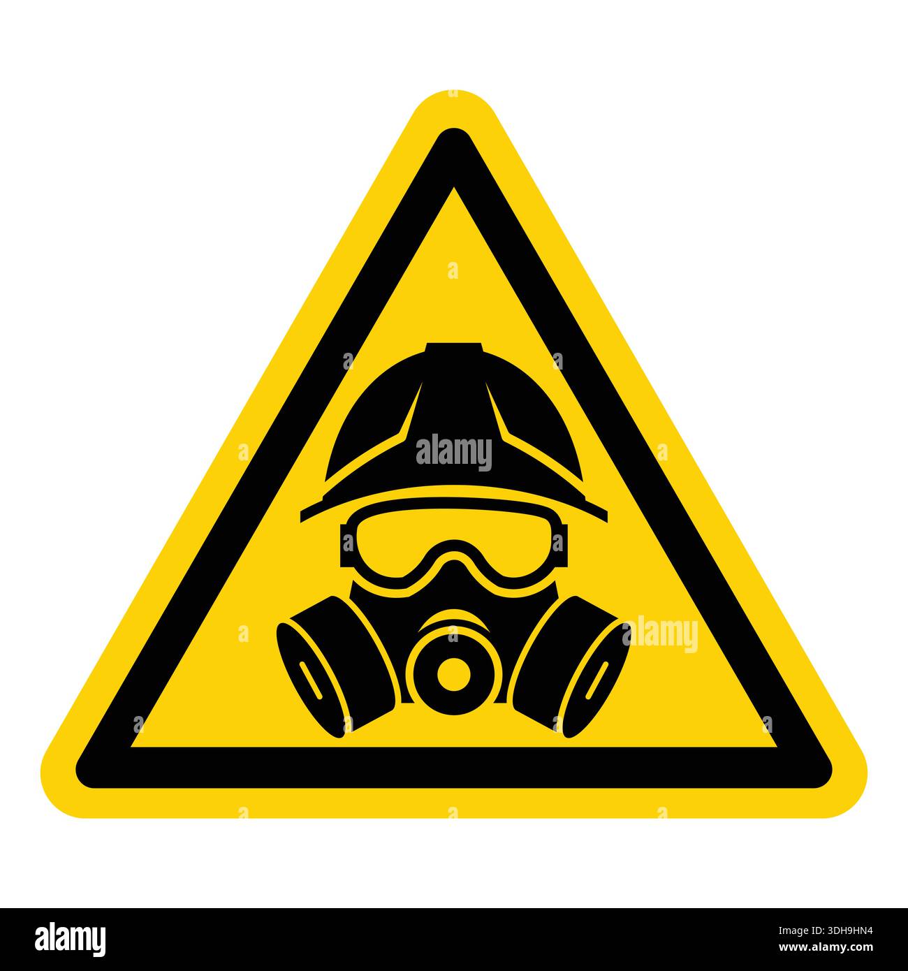 A caution safety sign featuring a mask and helmet, designed for ...