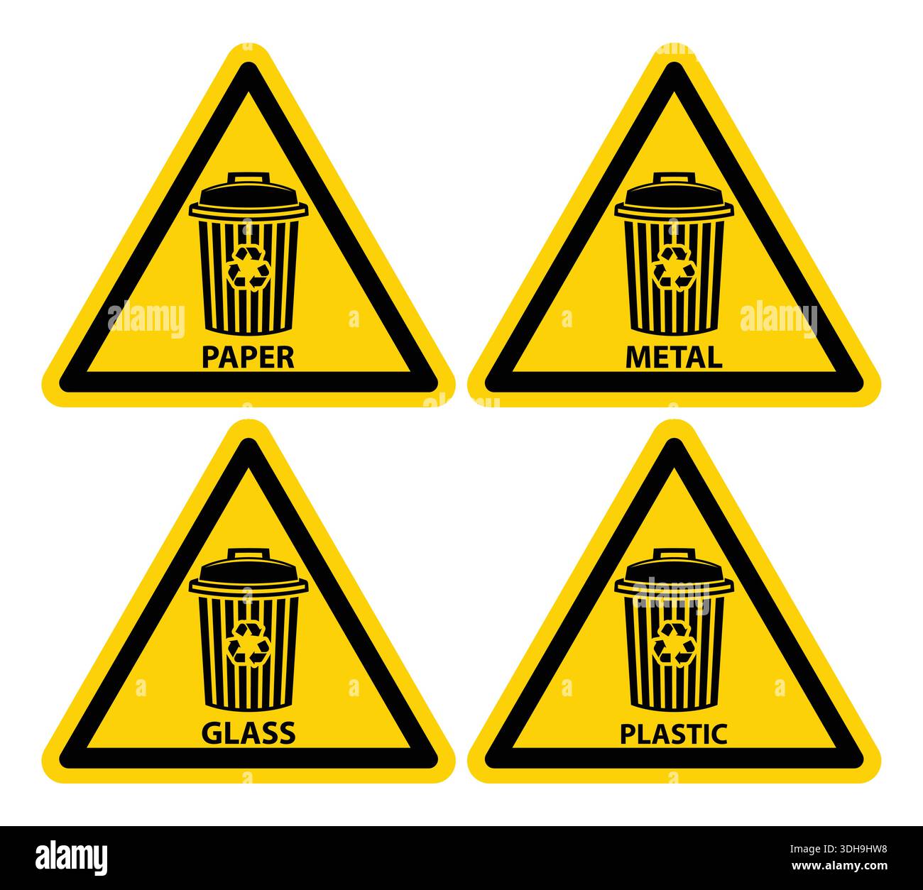 Series of triangular recycling signs for proper waste disposal of paper ...