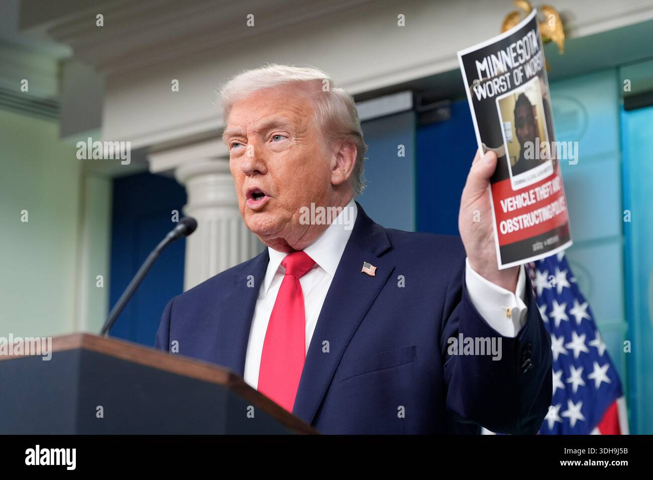 President Donald Trump speaks with reporters in the James Brady Press ...