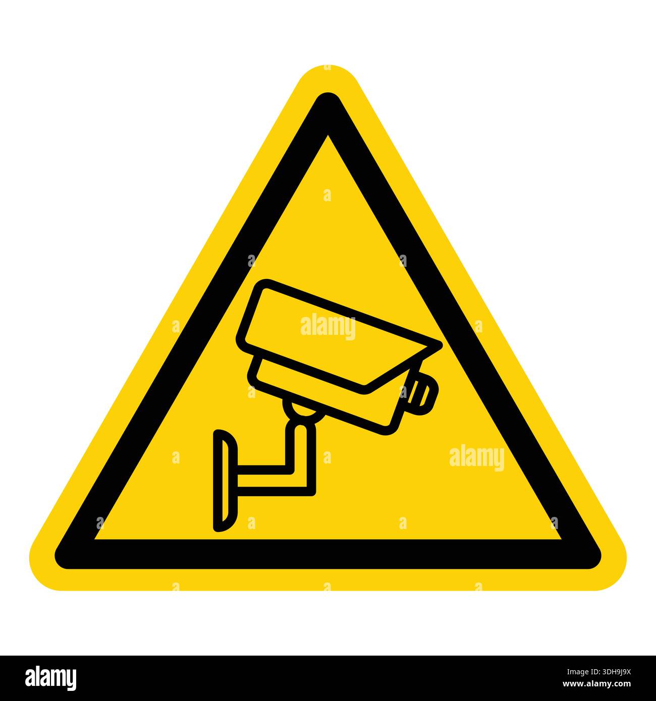 A bright yellow caution sign features a surveillance camera within a ...