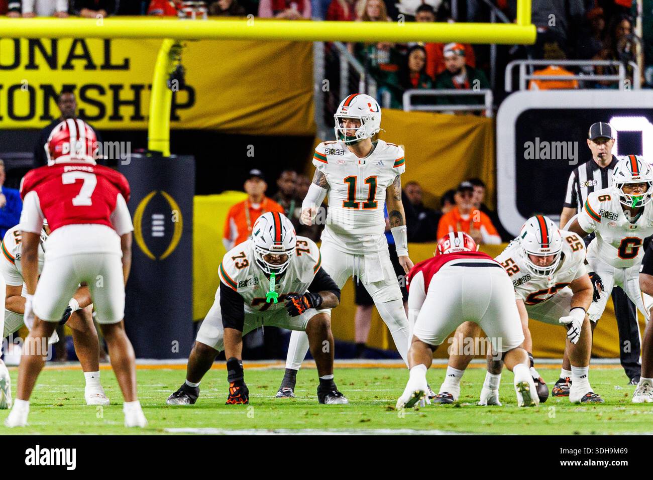 January 19, 2026: Miami quarterback Carson Beck (11) directs the ...