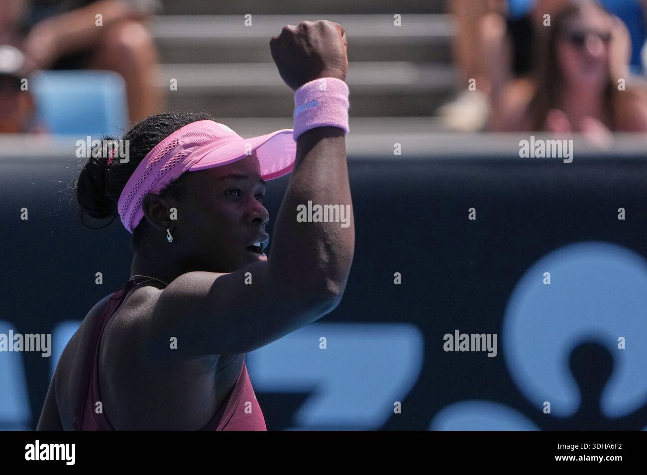Victoria Mboko of Canada reacts after winning a point against Caty ...