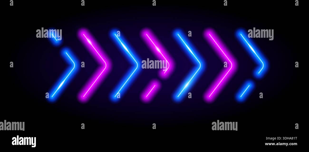 Blue and purple neon arrow element. Glowing led direction sign. Shine ...