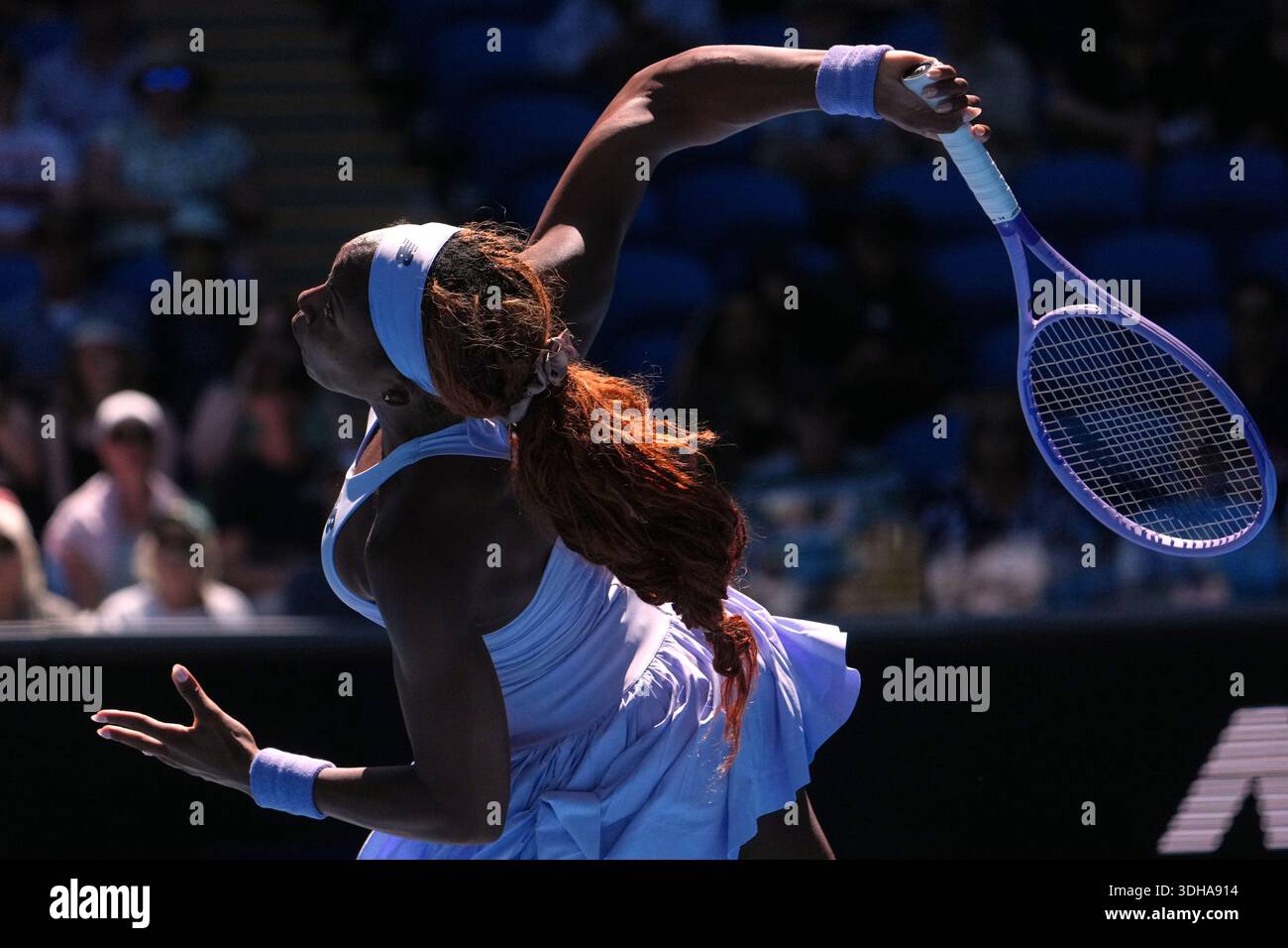Coco Gauff of the U.S. serves to Olga Danilovic of Serbia during their ...