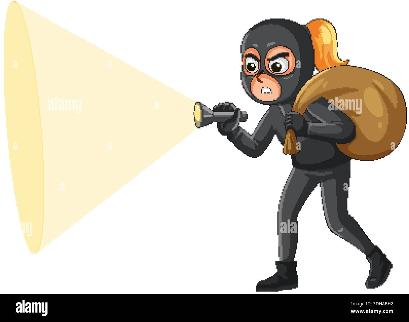 Cartoon female thief in black suit, holding flashlight and sack ...